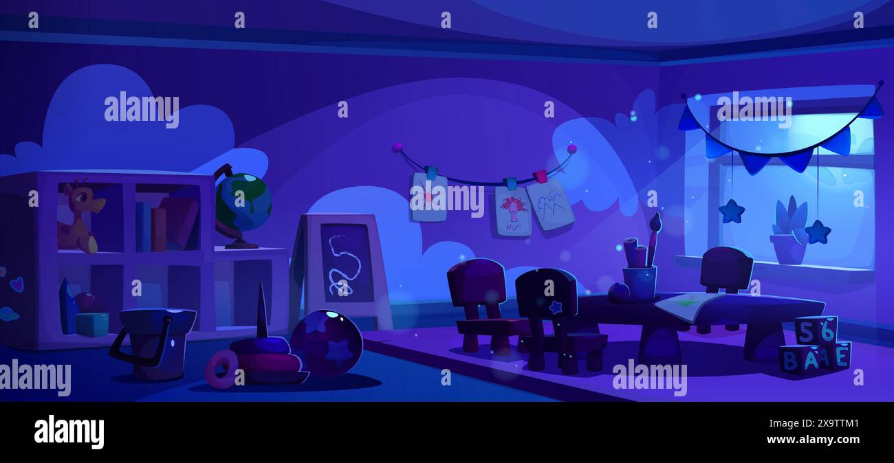 Dark empty kindergarten interior at night. Cartoon vector preschool ...