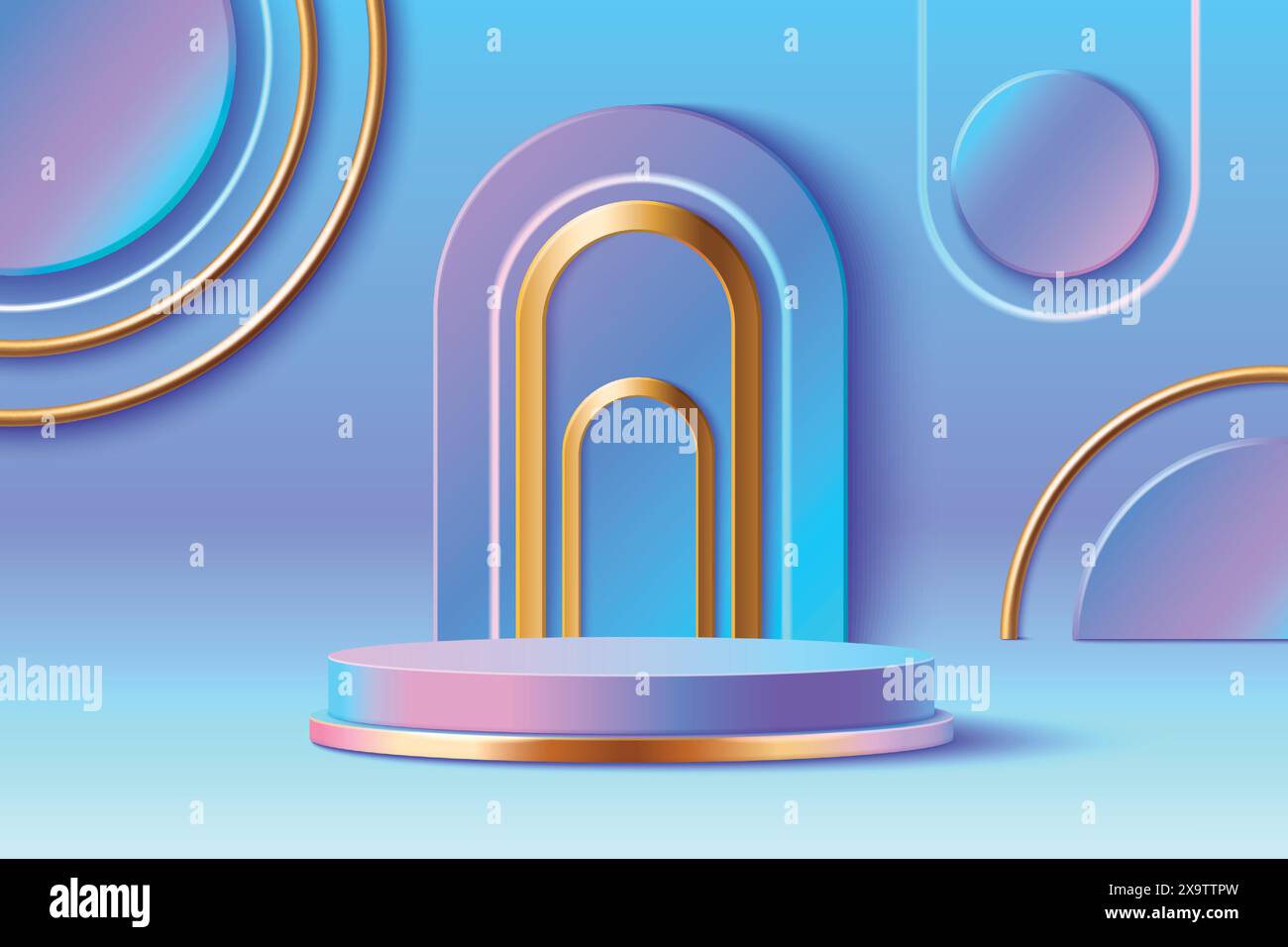 Round podium on arch background. Vector realistic illustration of blue and purple gradient ...