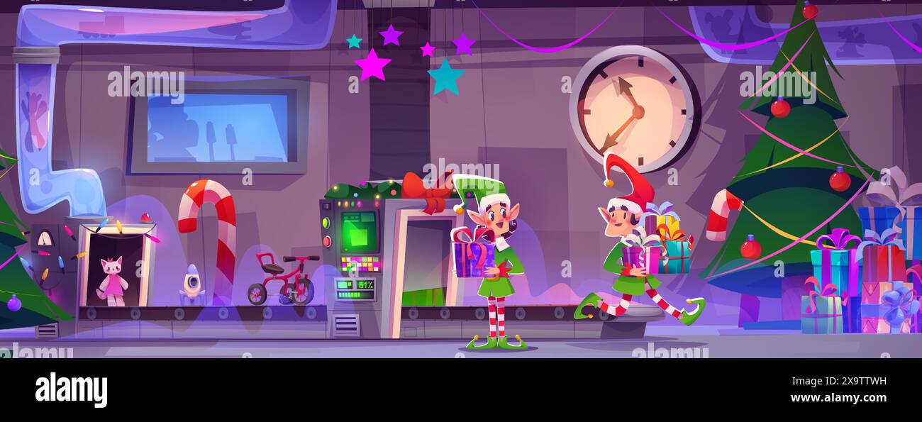 Santa Claus Christmas factory room interior with cute elf helpers ...