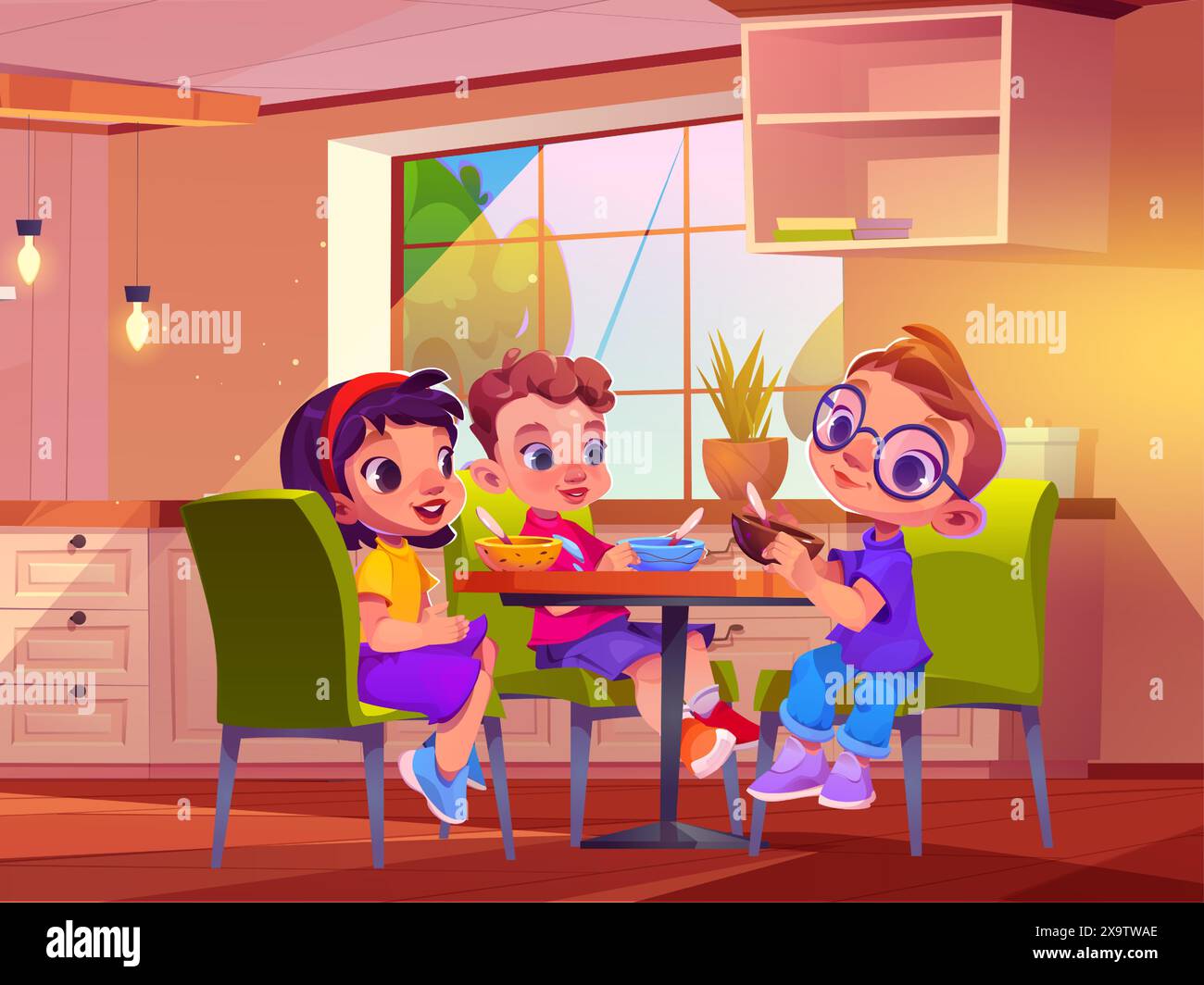 Three children eat food from bowls sitting at table in bright room with ...