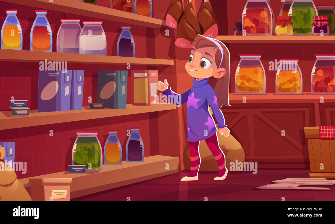 Little girl buying food in grocery store. Vector cartoon illustration ...