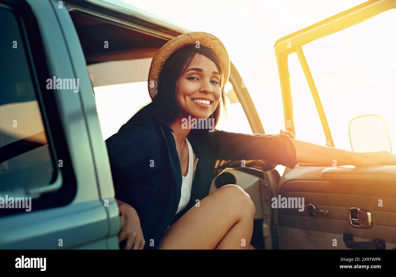 Road trip, woman and portrait in car with smile, van and travel for ...