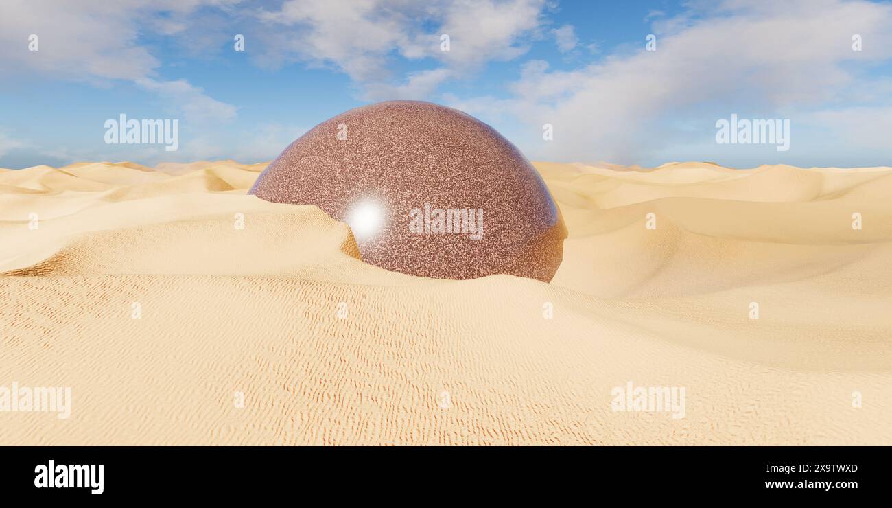 Sandy desert landscape with brown granite ball over blue sky background ...