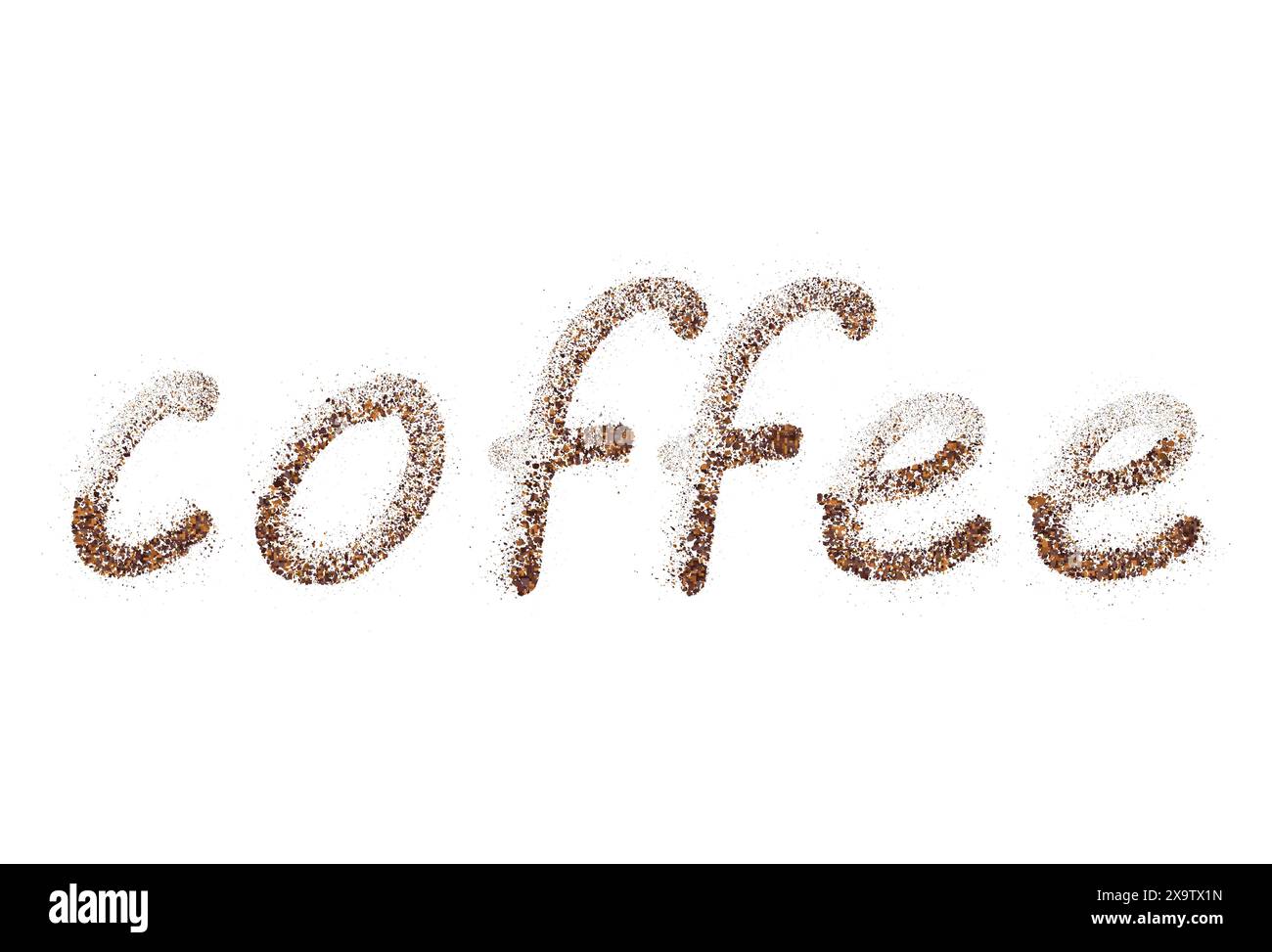 The word coffee is written with scattered powder. Text made from coffee ...