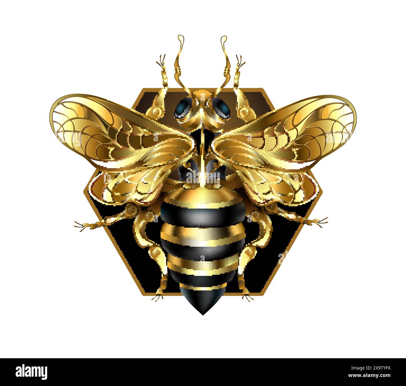 Artistically painted, golden, shiny bee with filigree sparkling wings on white background ...