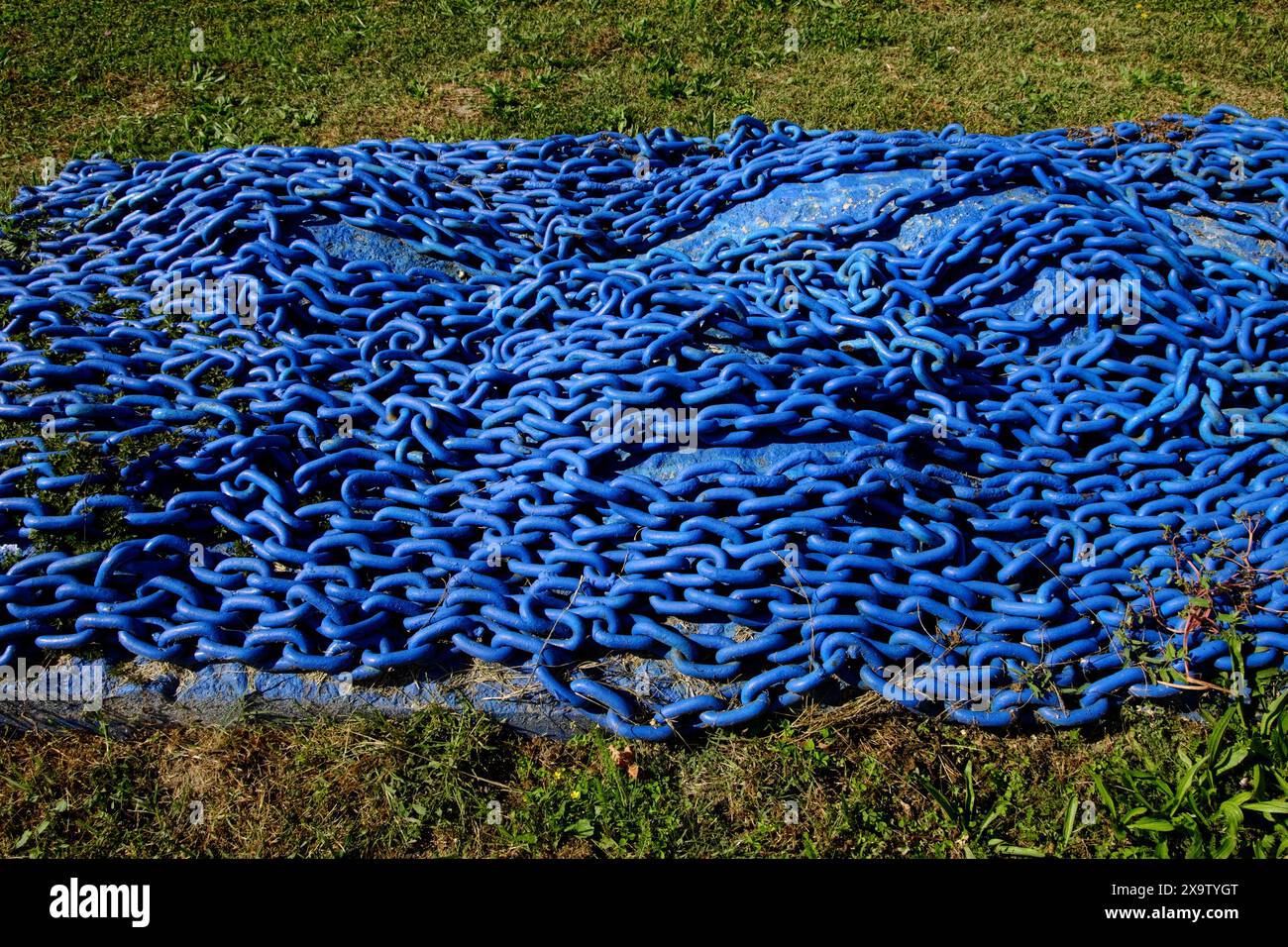 artwork blue chain on the Danube riverside, Apatin pier, Vojvodina ...