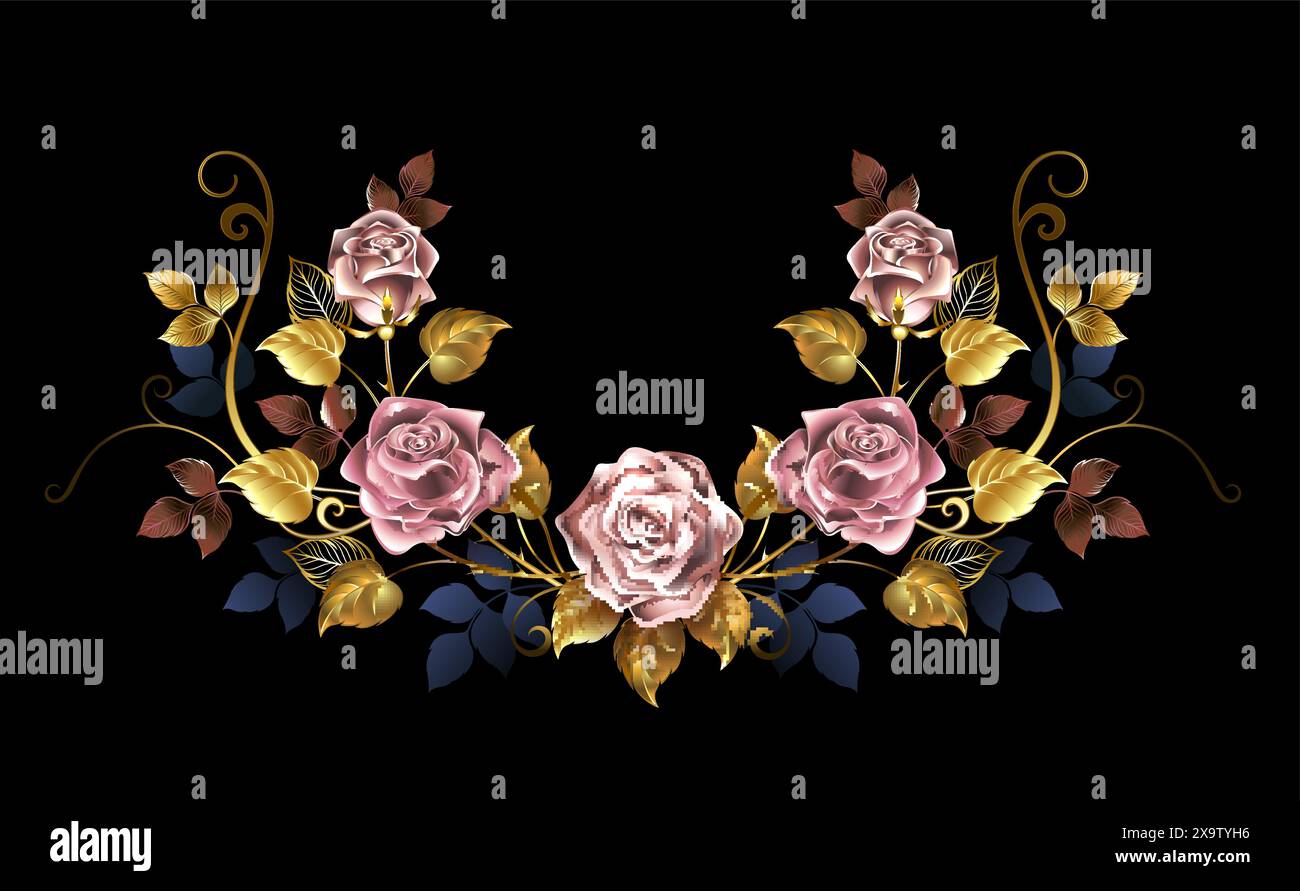 Symmetrical garland of artistically painted, jeweled gold roses with ...