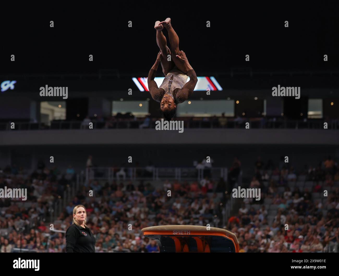 June 2, 2024: Simone Biles practices her Yercheko Double Pike vault ...