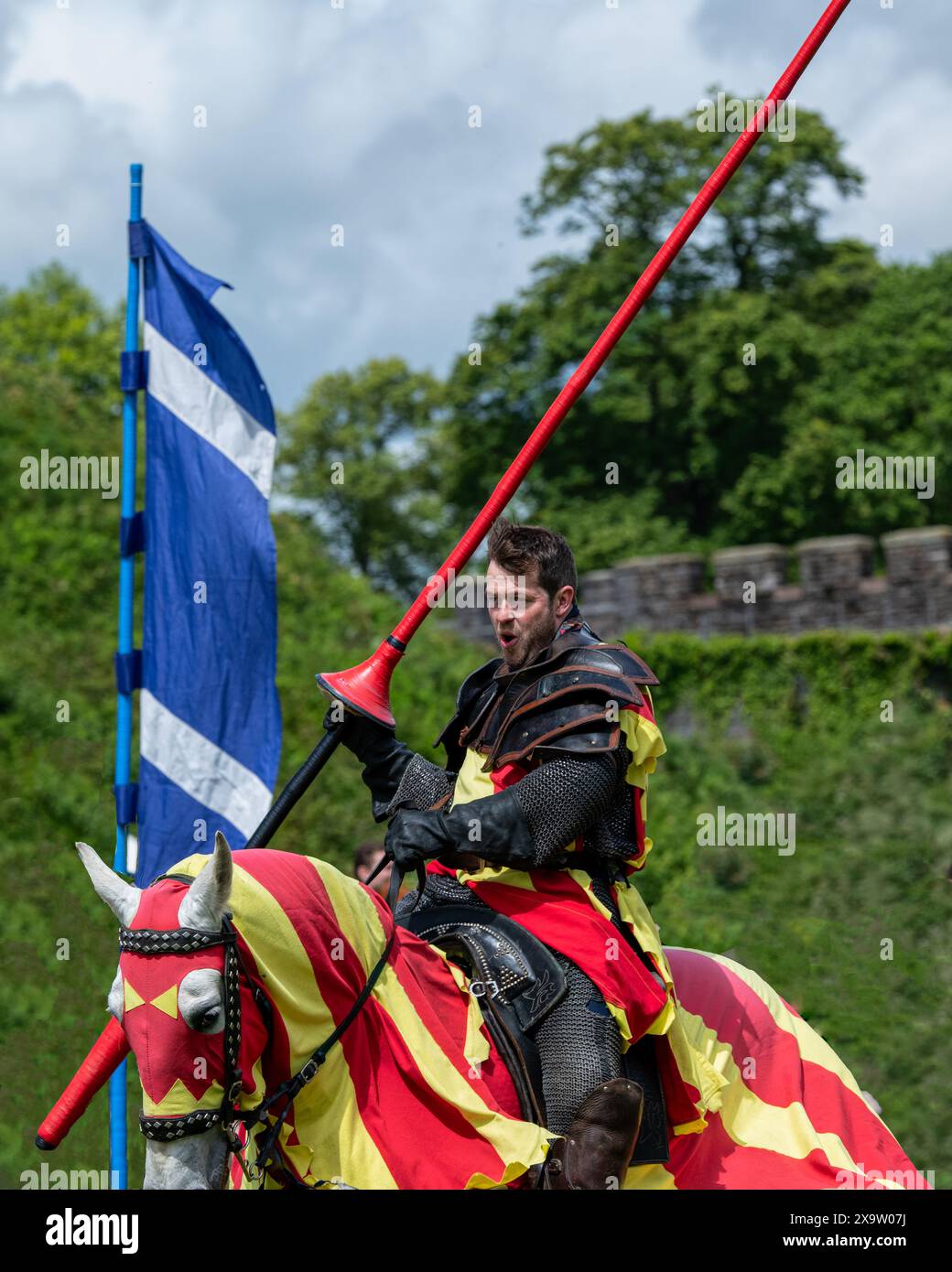 Sir Ashley teadies his mount for the charge at The Joust, Cardiff, UK ...