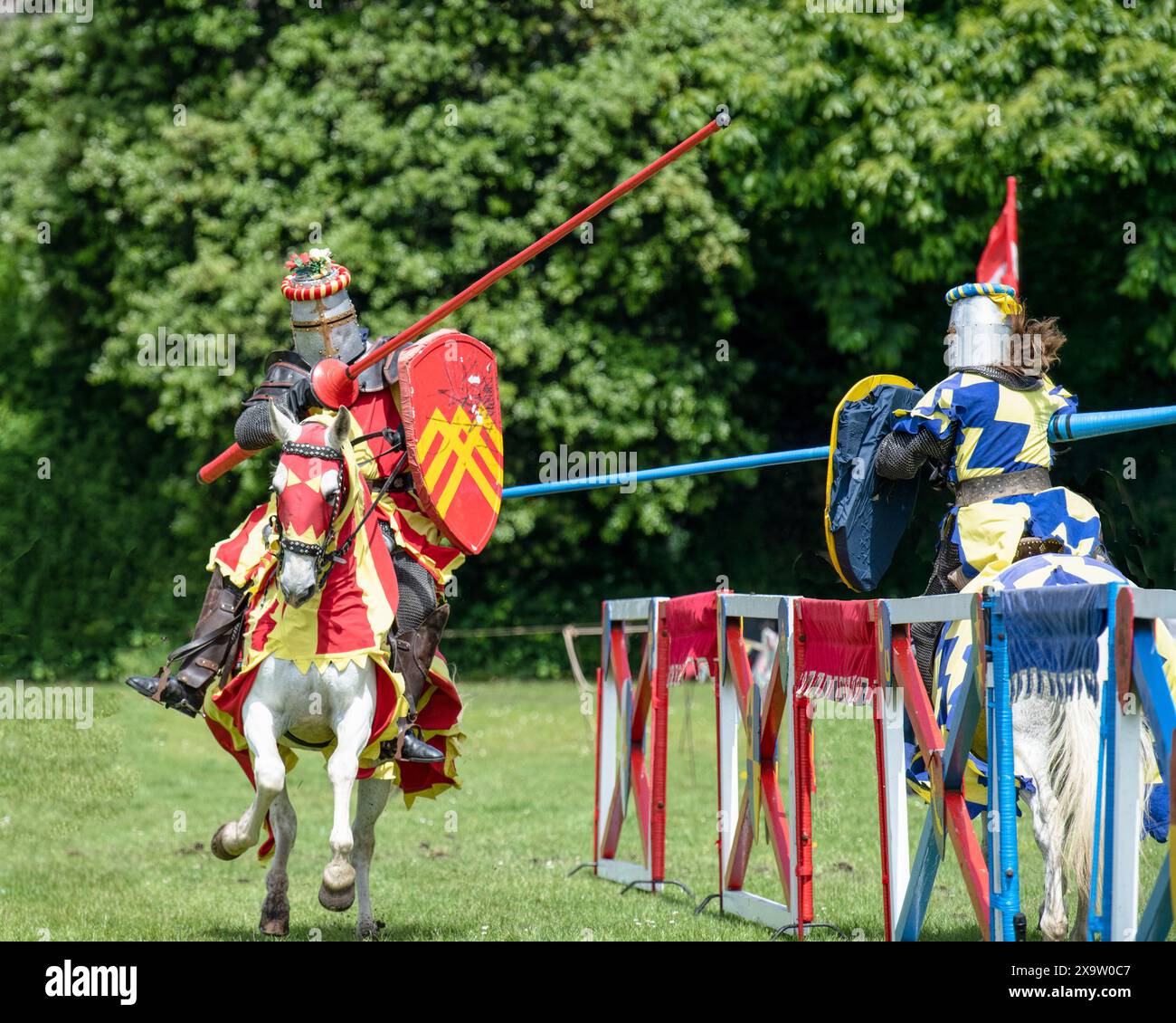 Sir David and Lord Ashley on their Andalusian mounts jousting. The Joust, Cardiff, UK. 15th June ...
