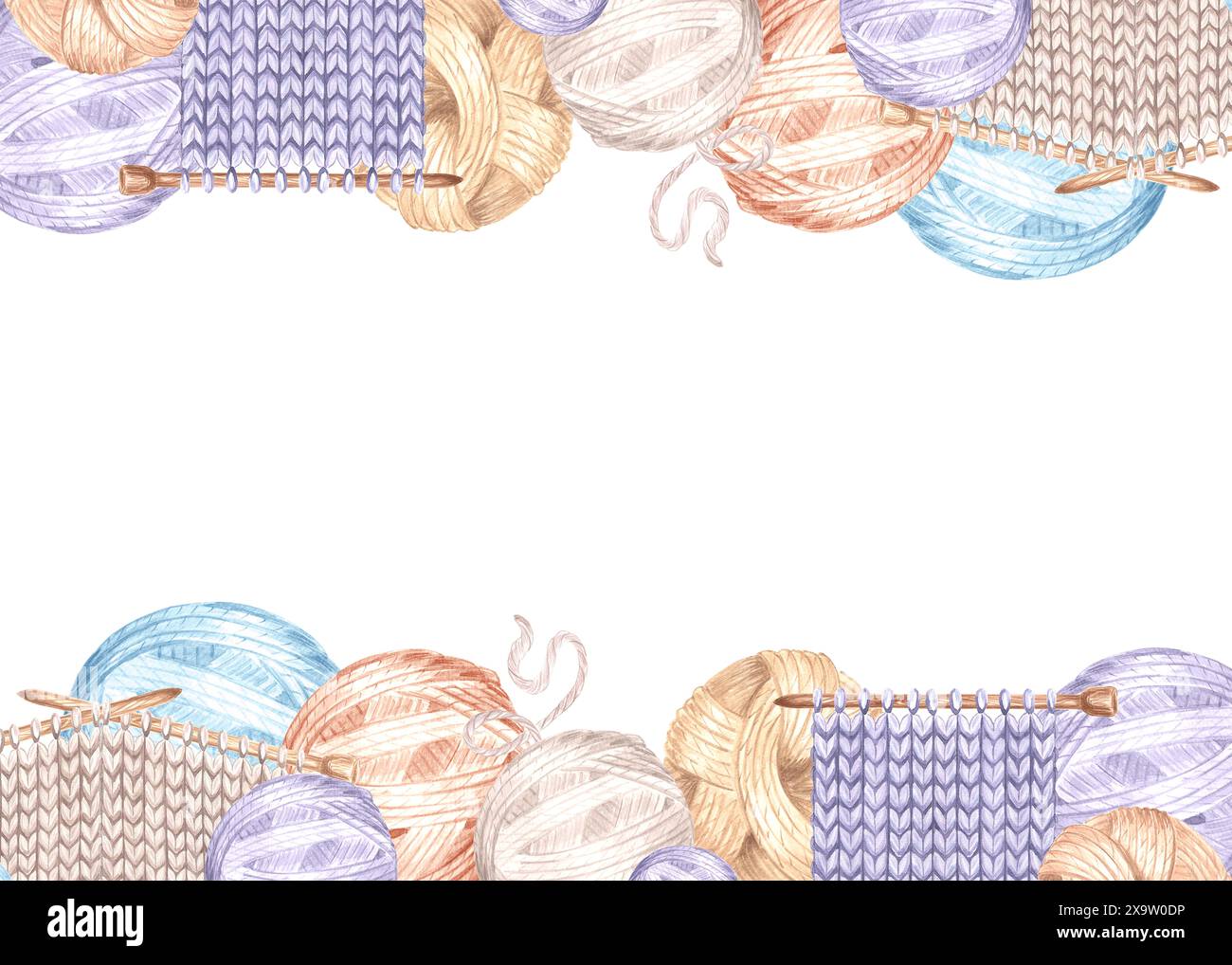 Yarn balls and skeins wool, knitting needles and Knitted fabric sample ...