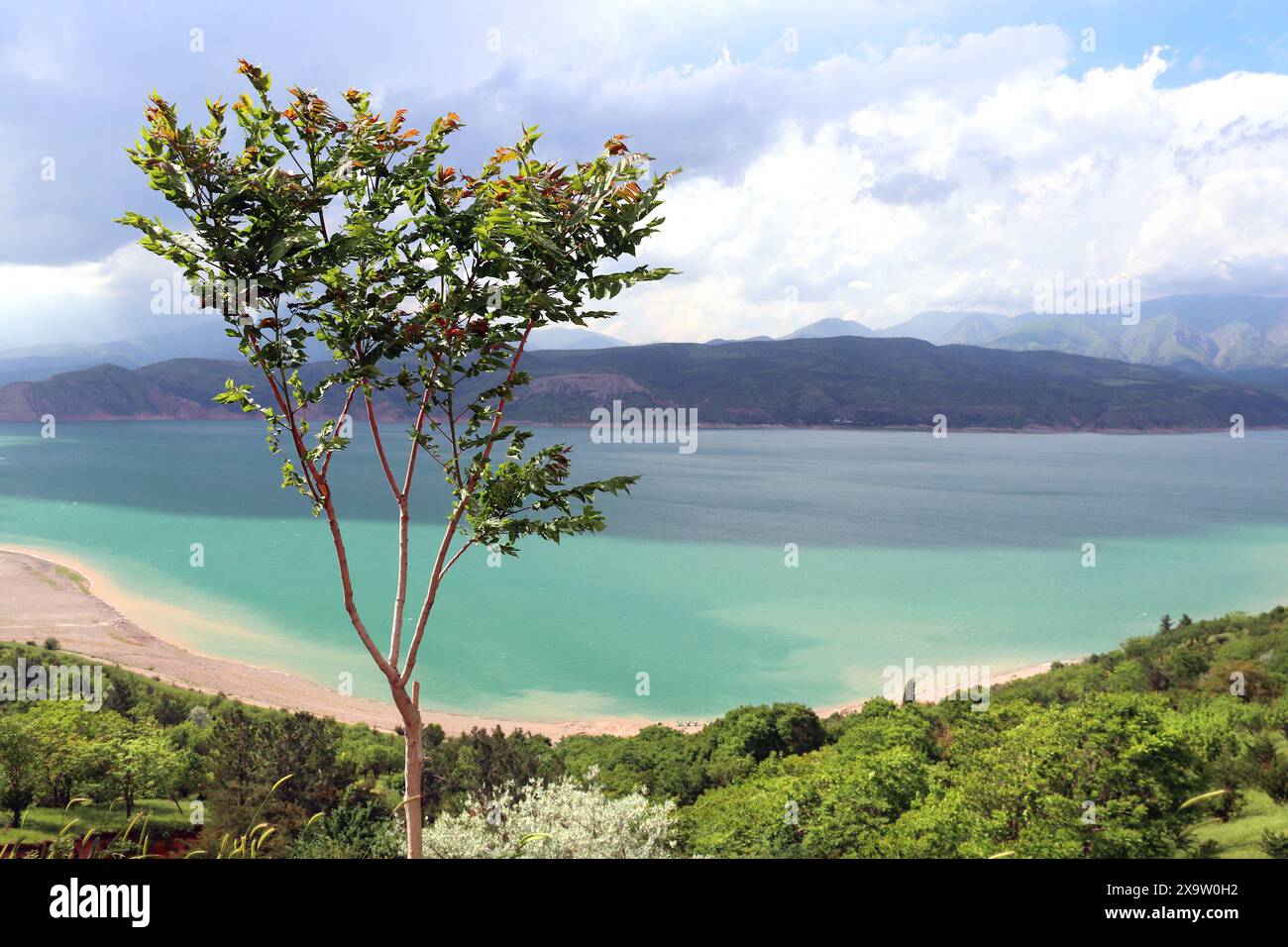 Aerial view of the Charvak reservoir, Tashkent region, Uzbekistan ...