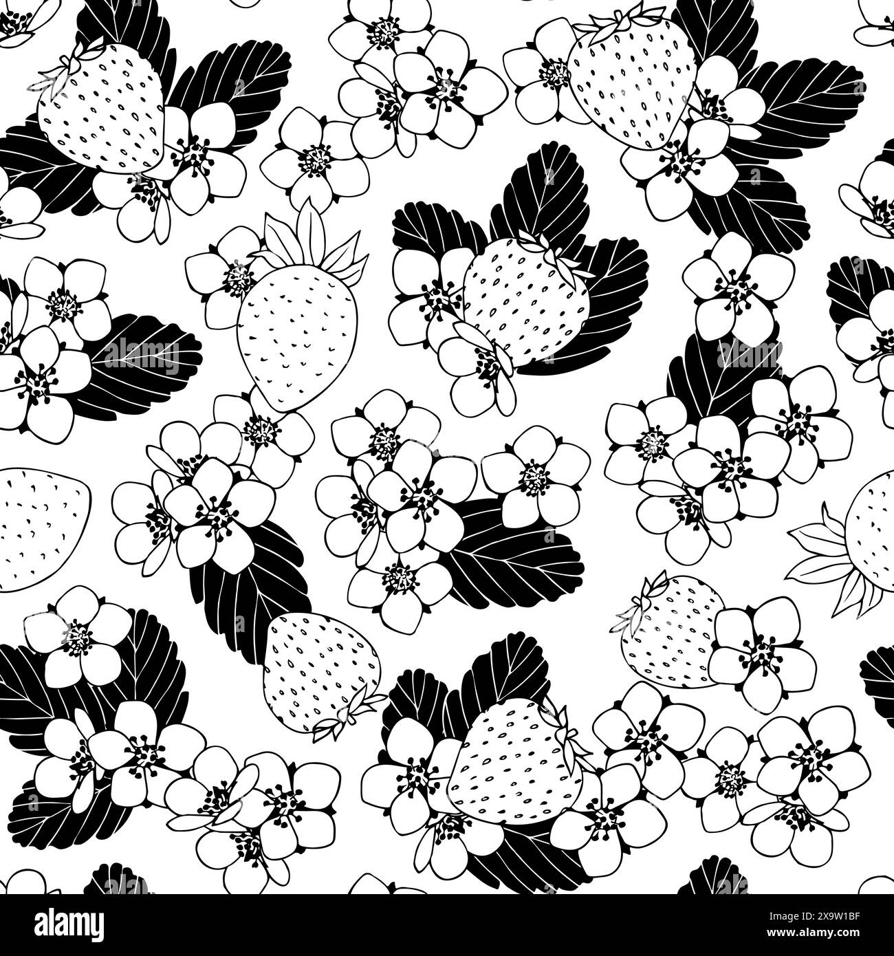 Black and white strawberry and flowers seamless vector pattern Stock ...