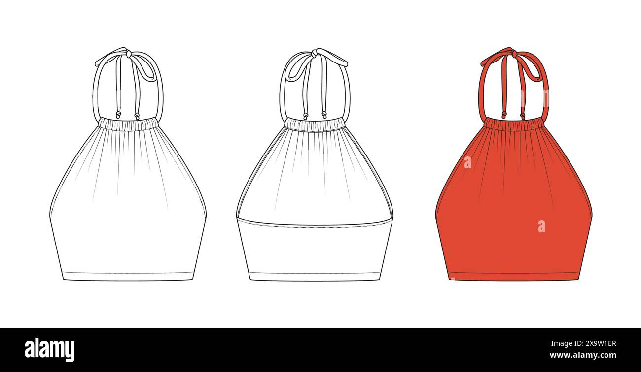 Vector fashion technical drawing of a halter neck top with an example ...