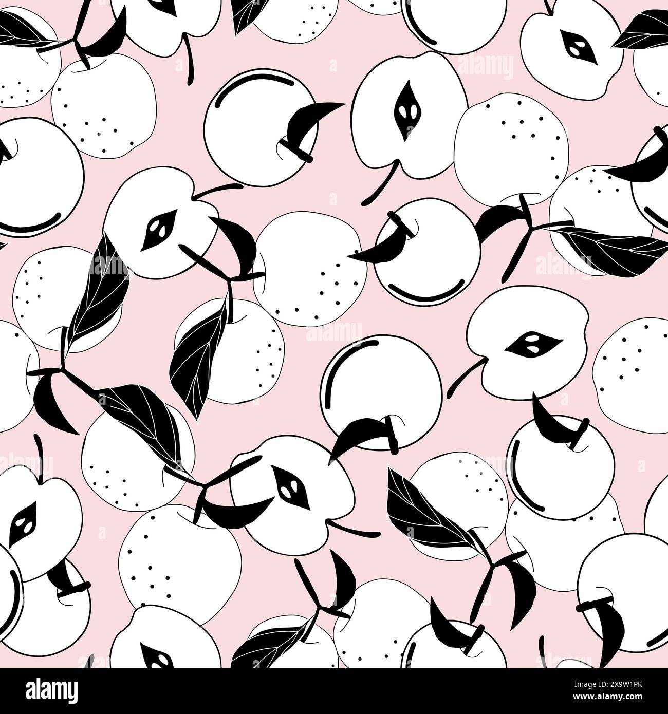 Seamless pattern black and white apples on pastel pink background ...