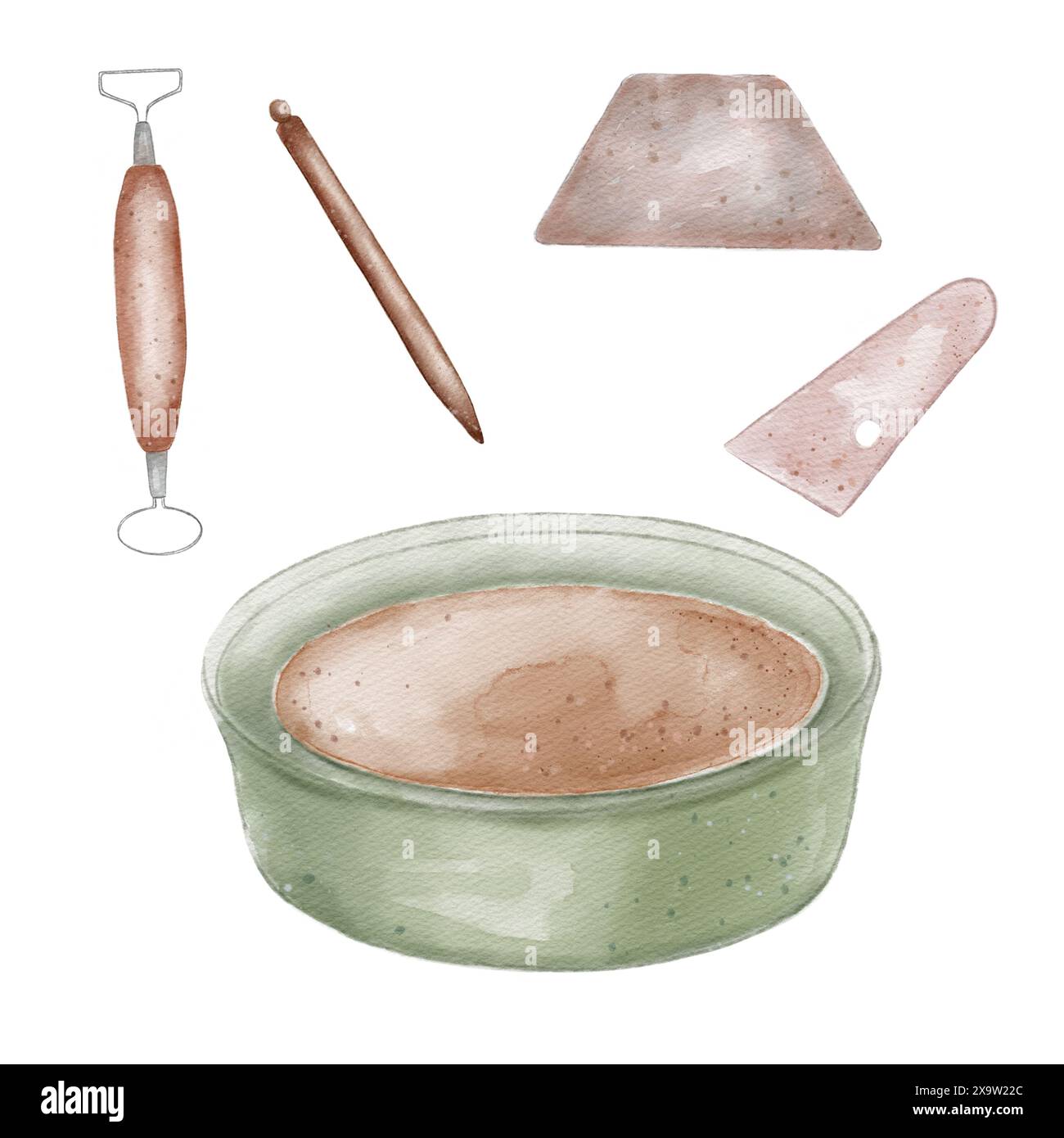 Pottery wheel and modeling tools in watercolor illustration isolated ...