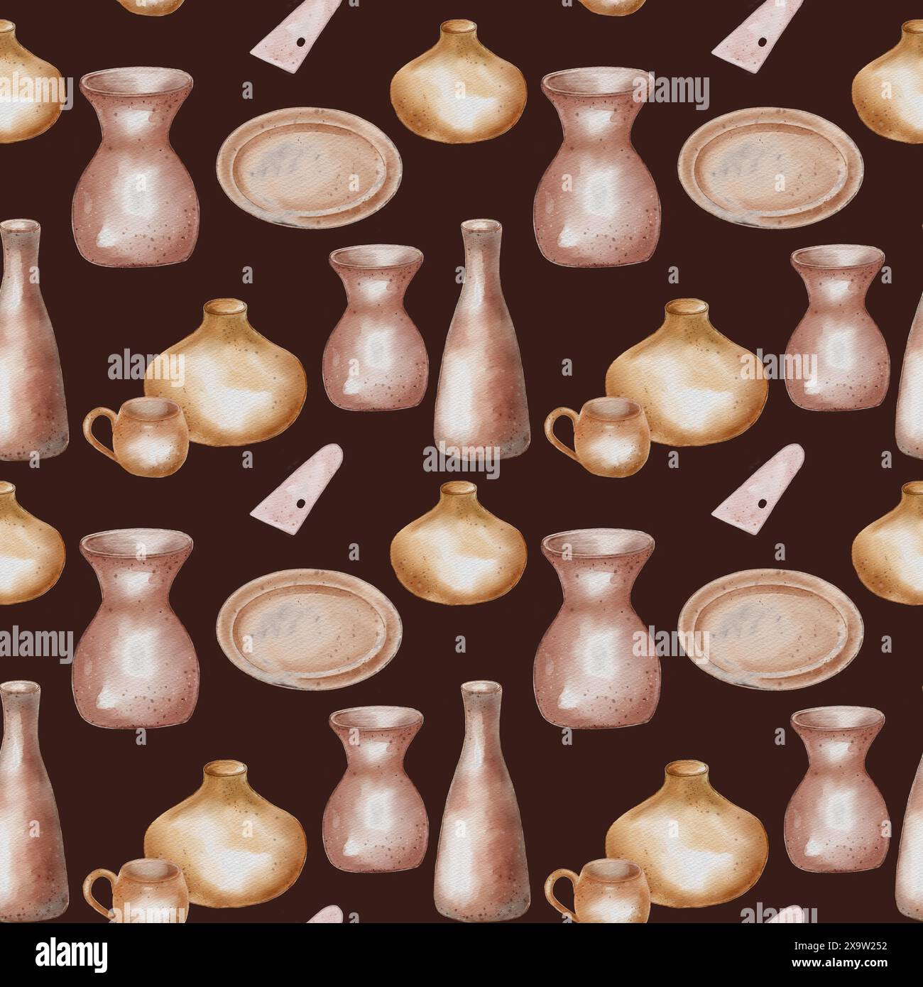 Pottery handcrafted in natural tones watercolor seamless pattern ...