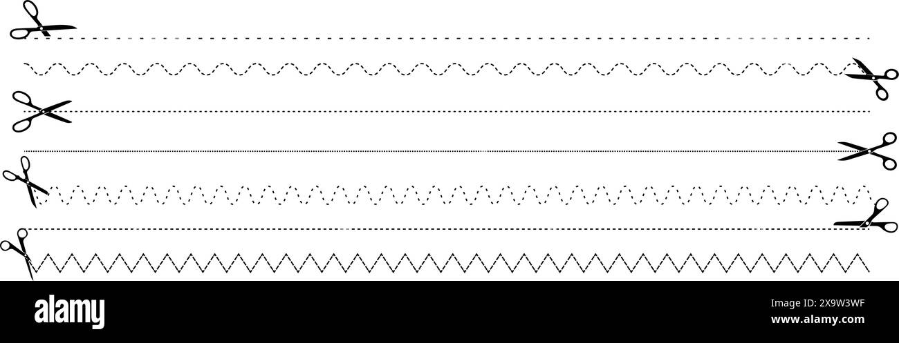 Scissors with cut dotted, curved, zigzag and straight lines. Vector ...