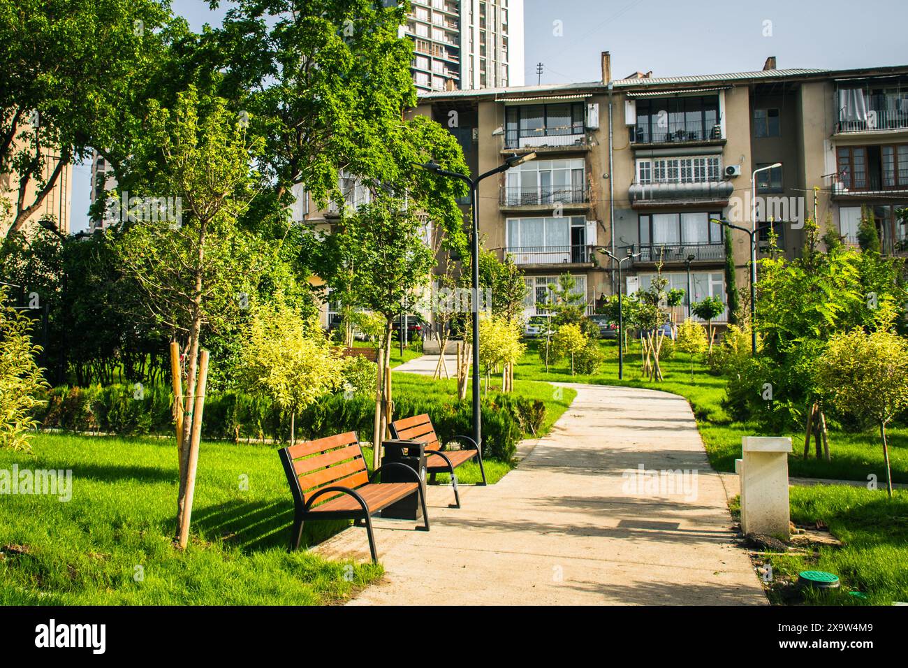 Tbilisi, Georgia - 1st june, 2024: new green park area with paths and ...