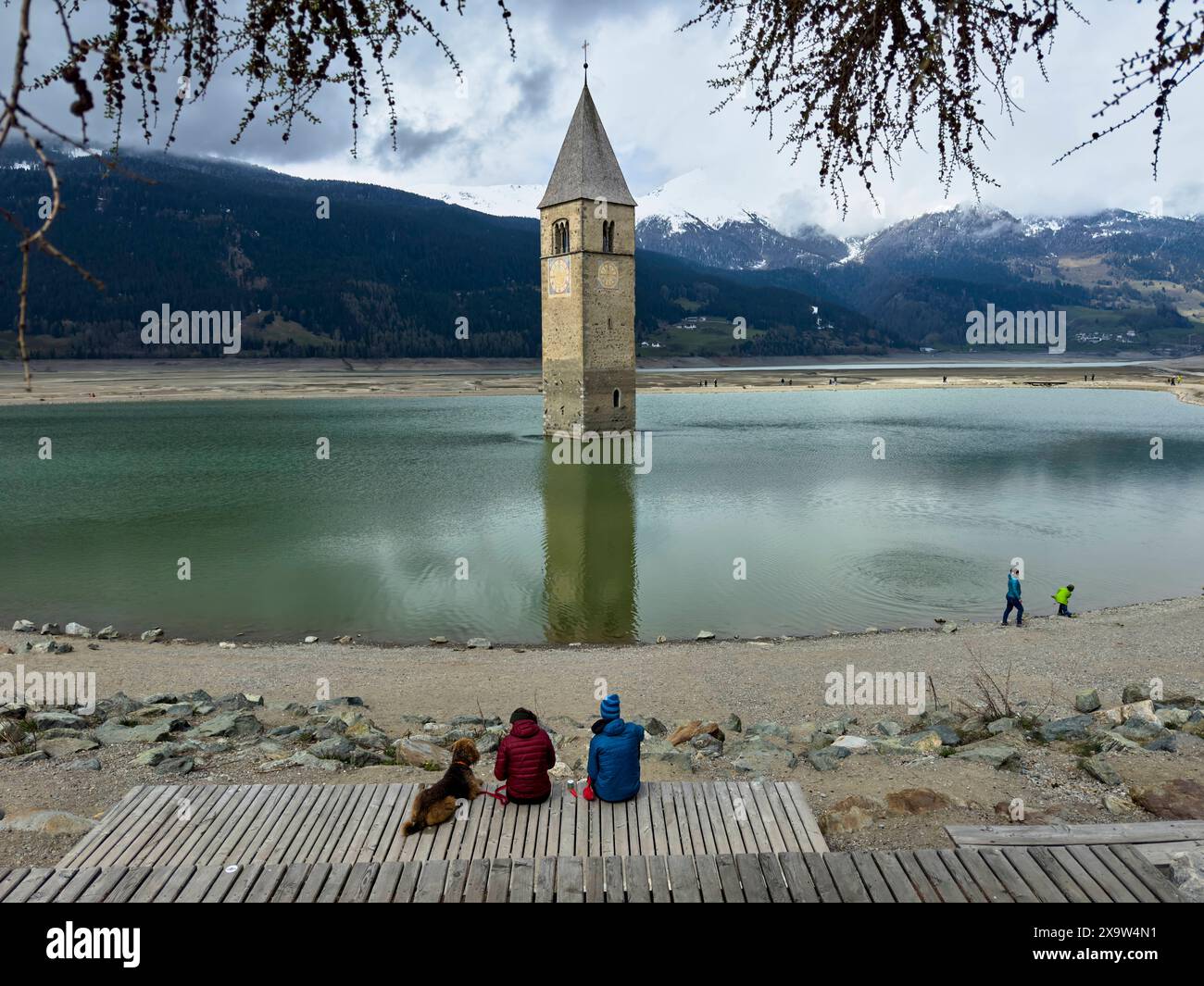 Kirchturm von Altgraun in Lake Reschen Italian Lago di Resia is a ...