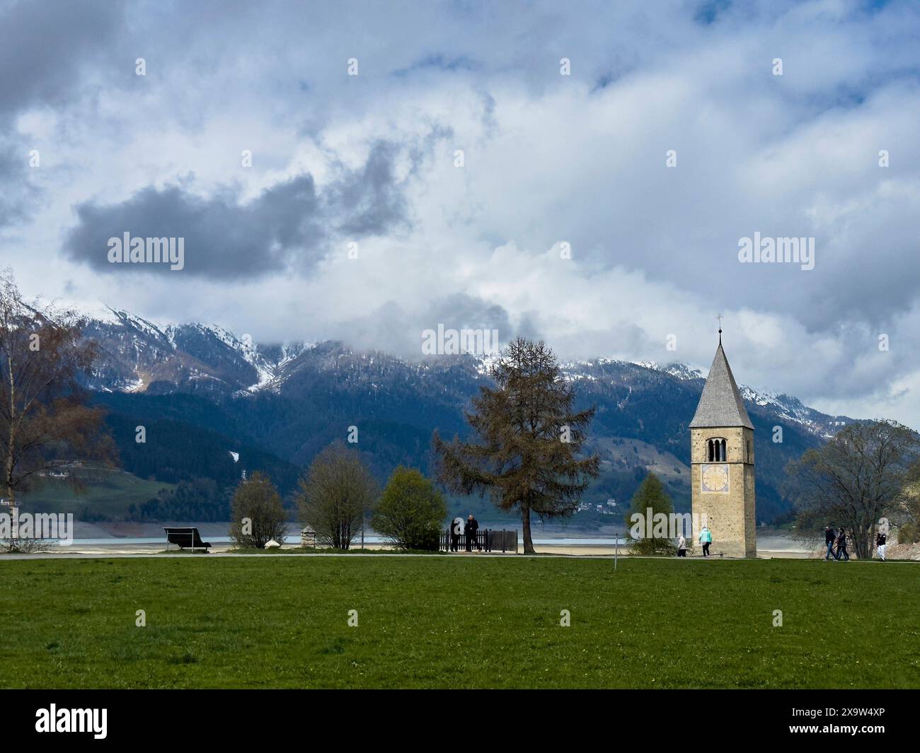 Kirchturm von Altgraun in Lake Reschen Italian Lago di Resia is a ...