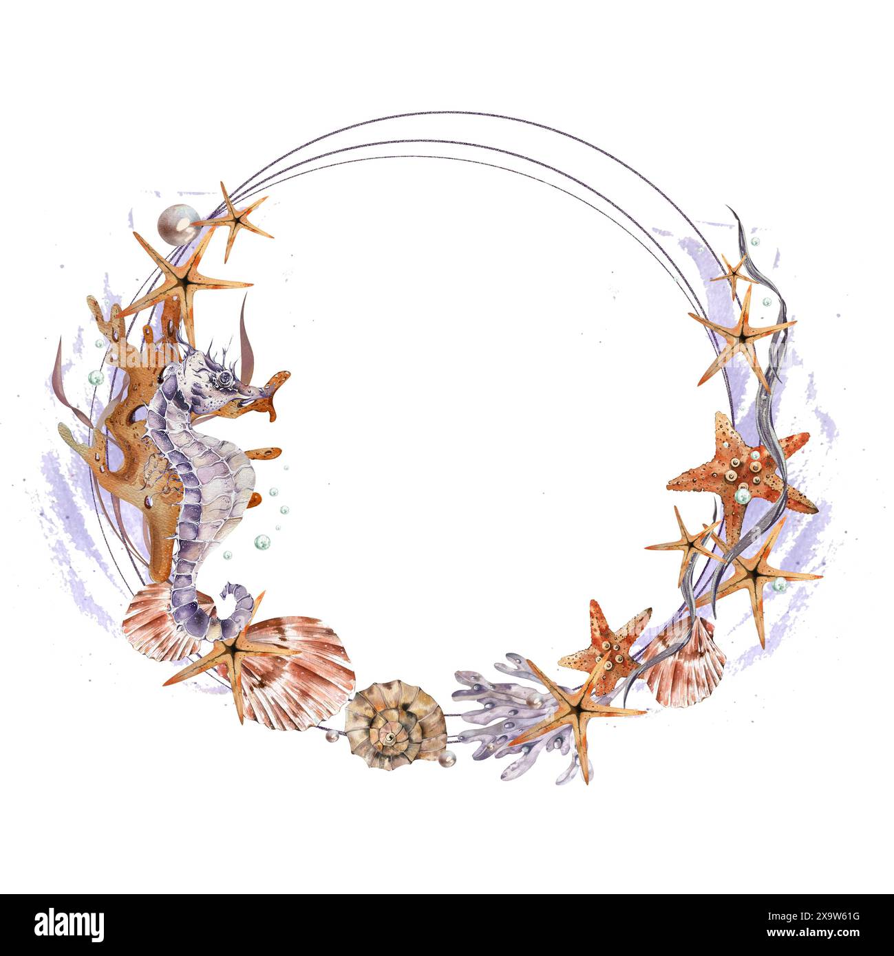Round Frame. Marine theme. Algae, Seahorse, Starfish, Various Shells ...
