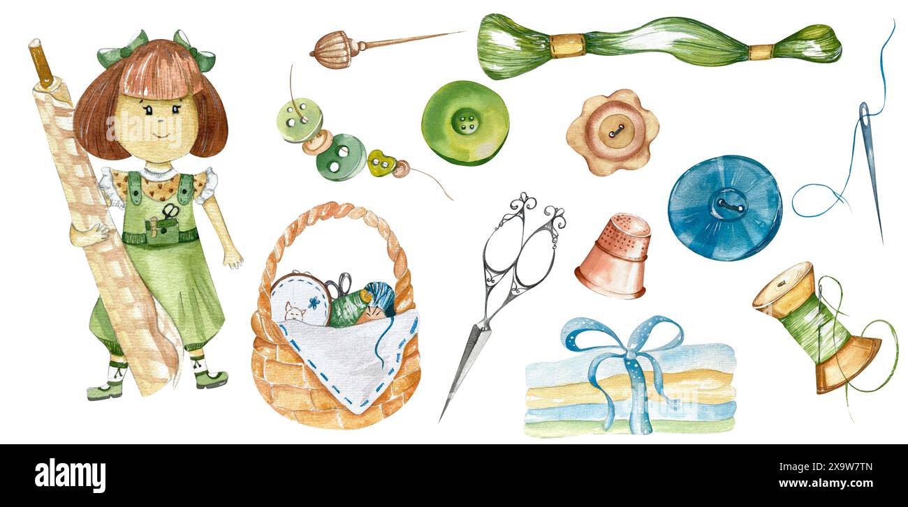 Theme Sewing, Handicrafts. Cute Girl Seamstress with Tailoring Tools ...