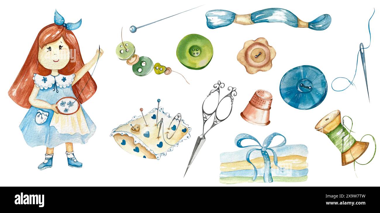 Theme Sewing, Handicrafts. Cute Girl Seamstress with Tailoring Tools ...