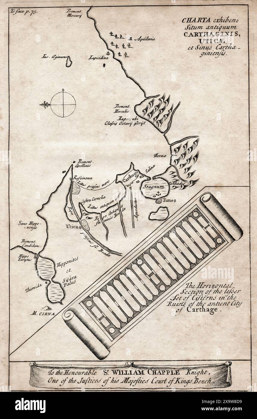 Map showing the ancient site of Carthage, Utica, and the Gulf of ...
