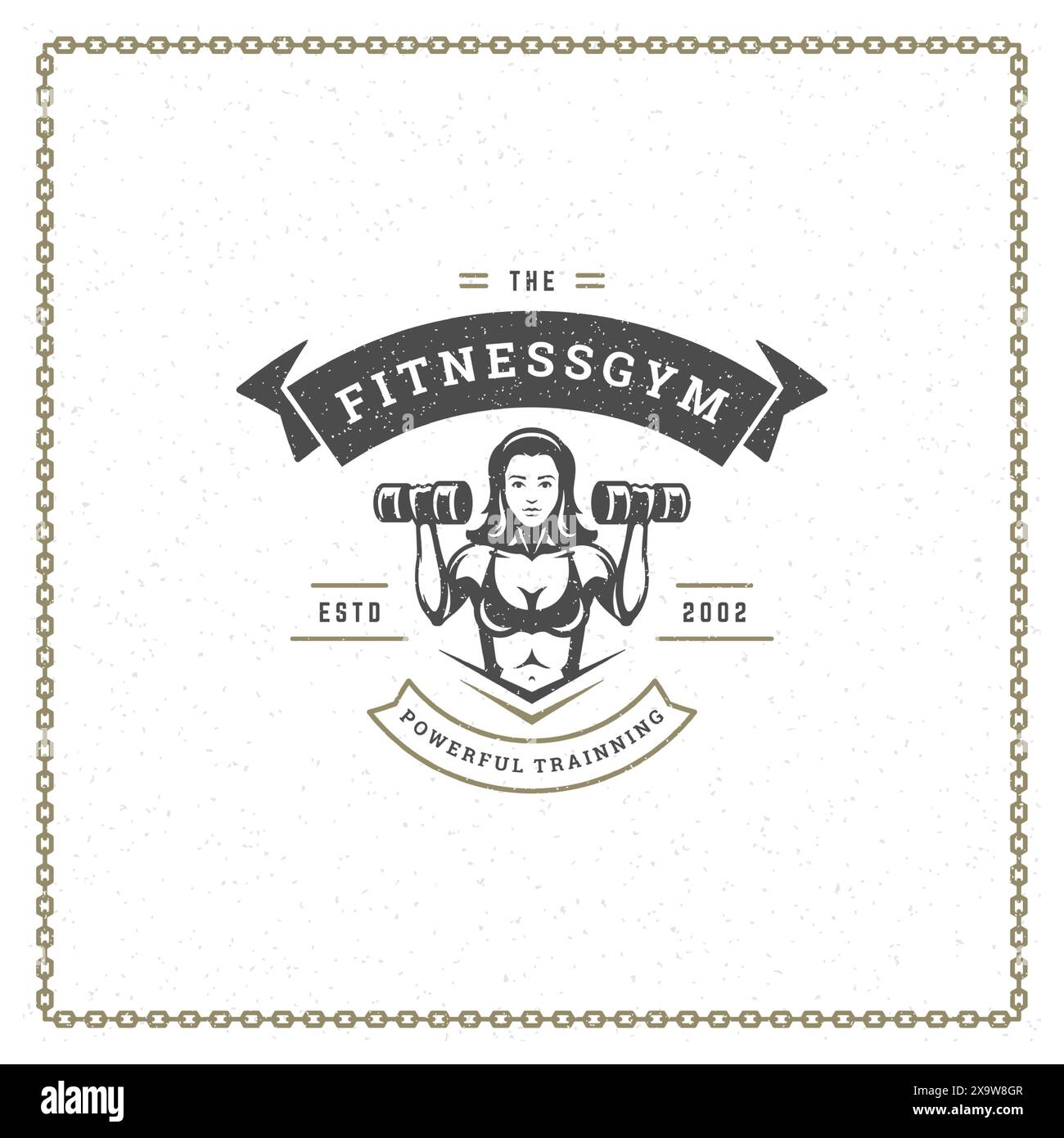 Fitness gym badge or emblem vector illustration. Woman bodybuilder ...