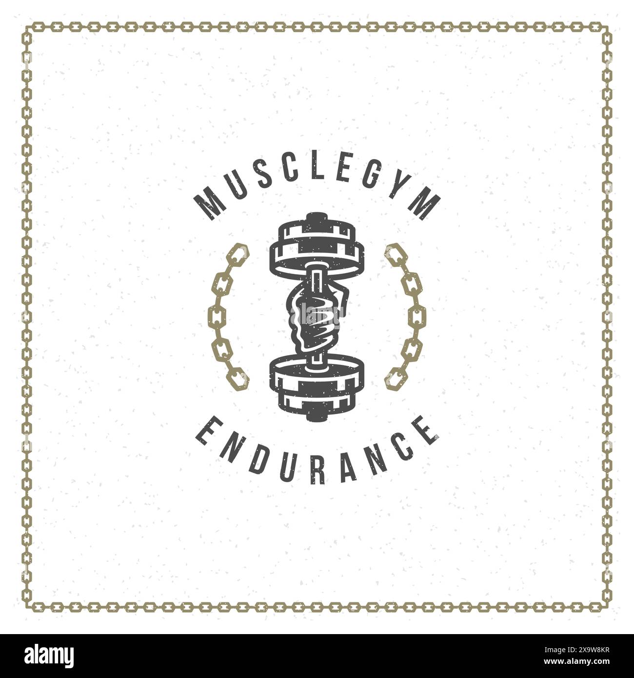 Fitness gym badge or emblem vector illustration. Bodybuilder man hand holding dumbbell for t ...