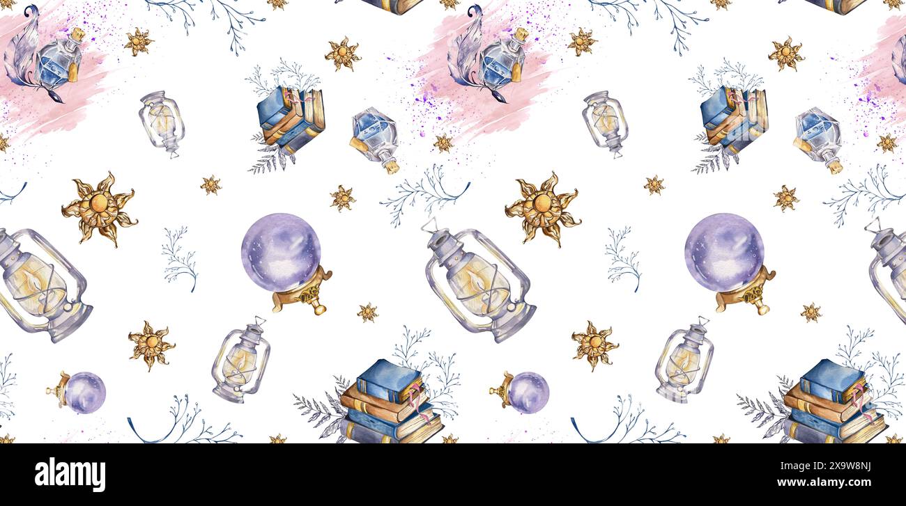 Seamless Pattern Mystic Items - Magic Cristal, Amulets, Candles, Books ...