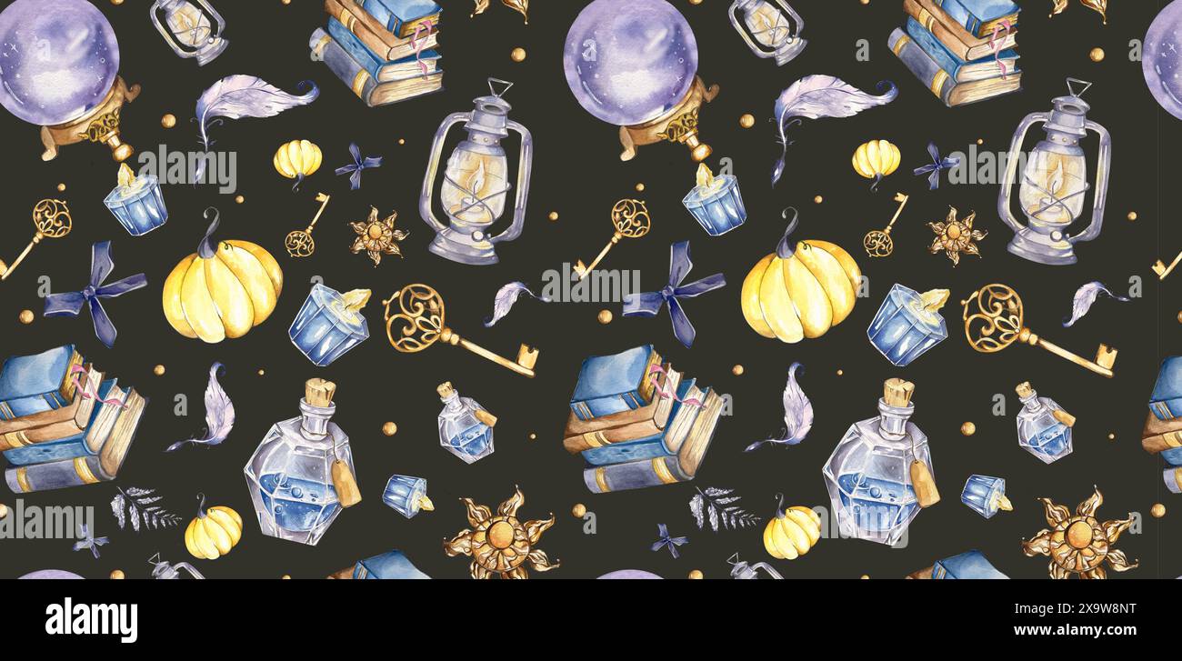 Seamless Pattern. Mystic Items - Pumpkin, Candles, Magic Books, Potion ...