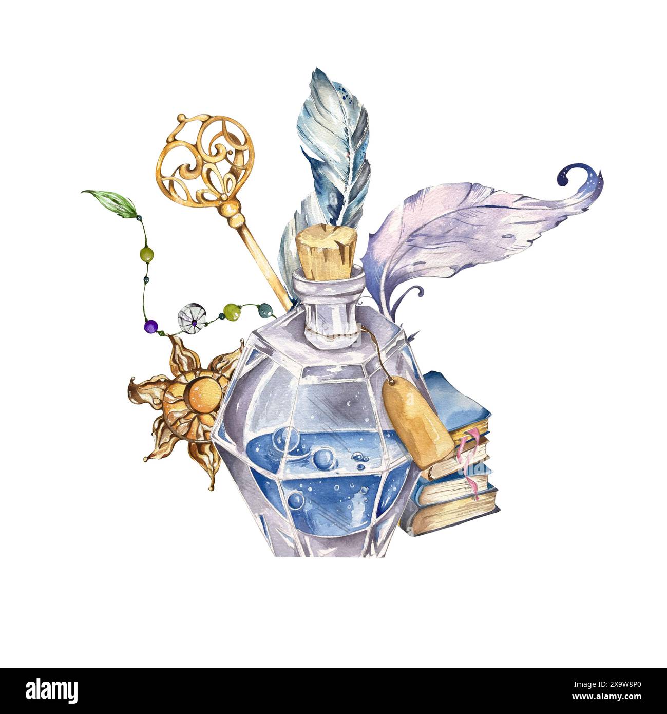 Composition Magic Items. Bottle with Sparkling Potion, Golden Amulets ...