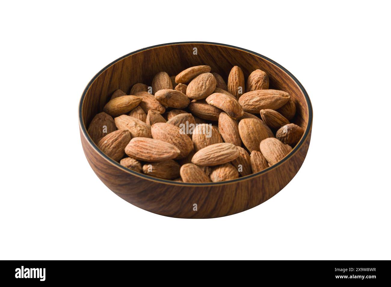 Roasted salted almonds in wooden bowl on isolated white background ...
