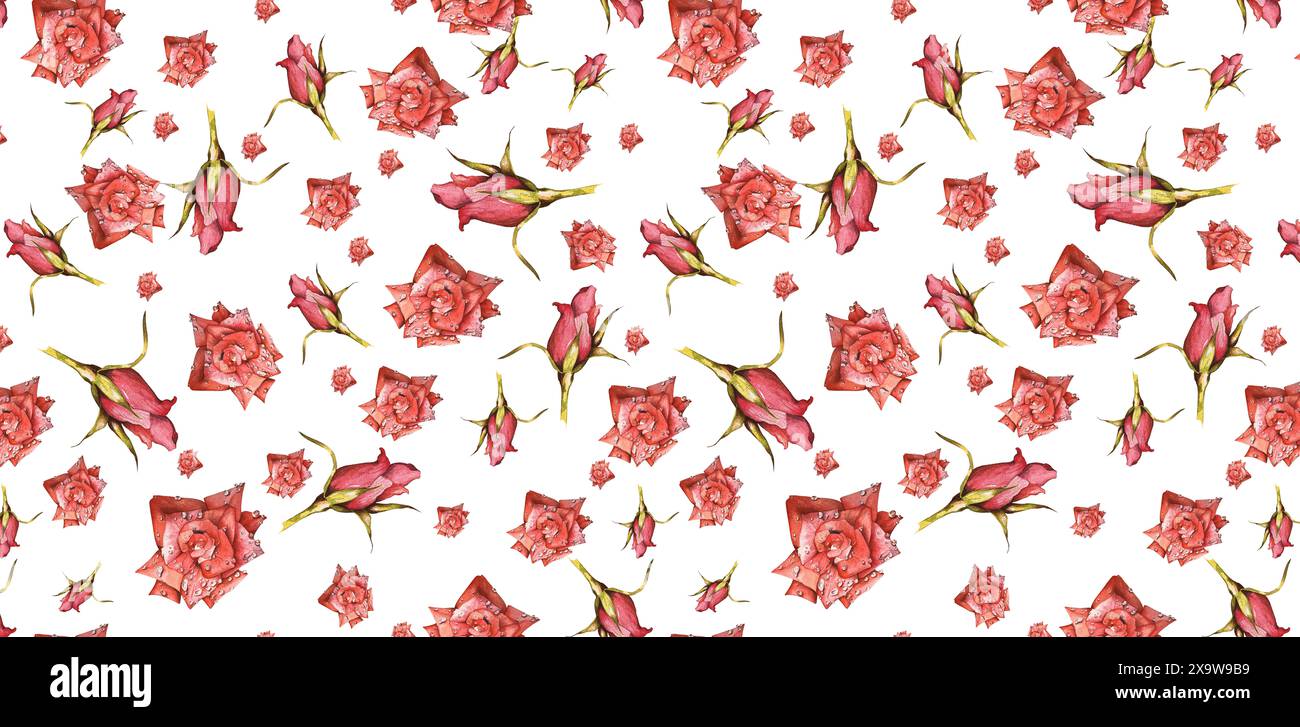 Seamless Pattern Red Scarlet Roses with Raindrops on Petals and Leaves ...