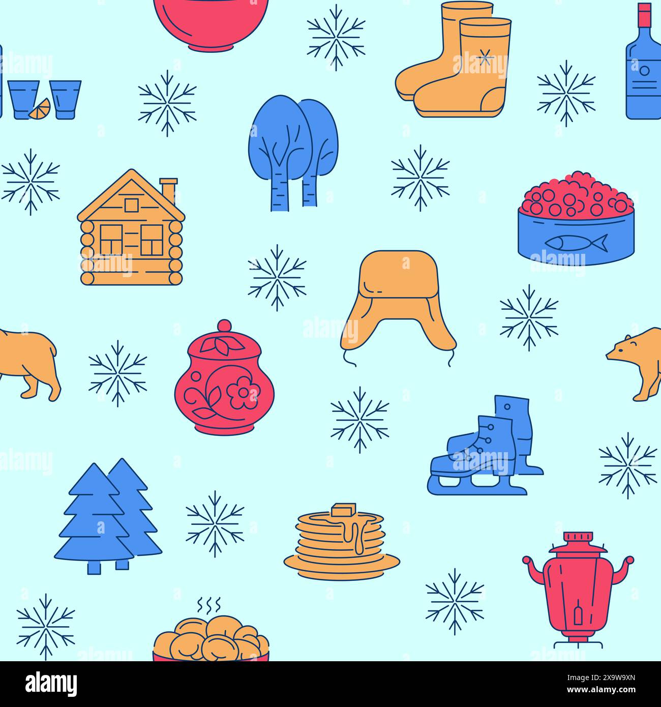 Seamless pattern with Russia food and clothes national symbols in line ...