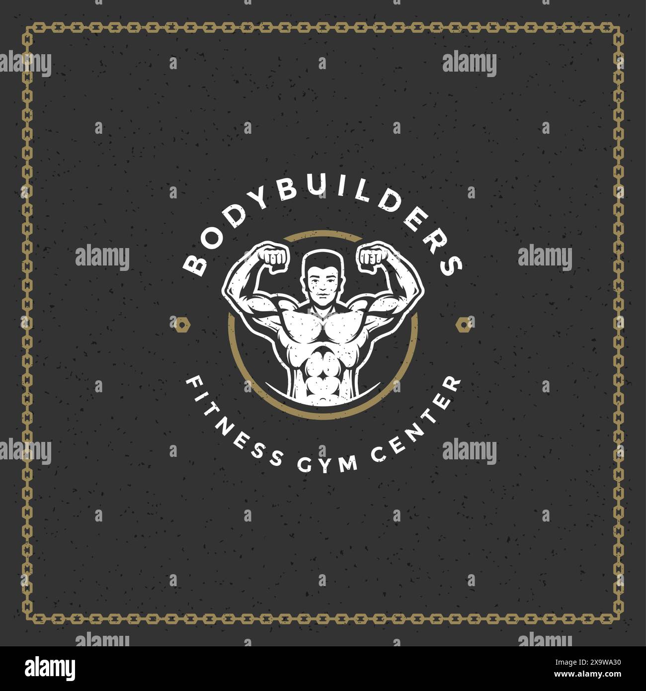 Fitness gym badge or emblem vector illustration. Bodybuilder man silhouette for t-shirt or print ...