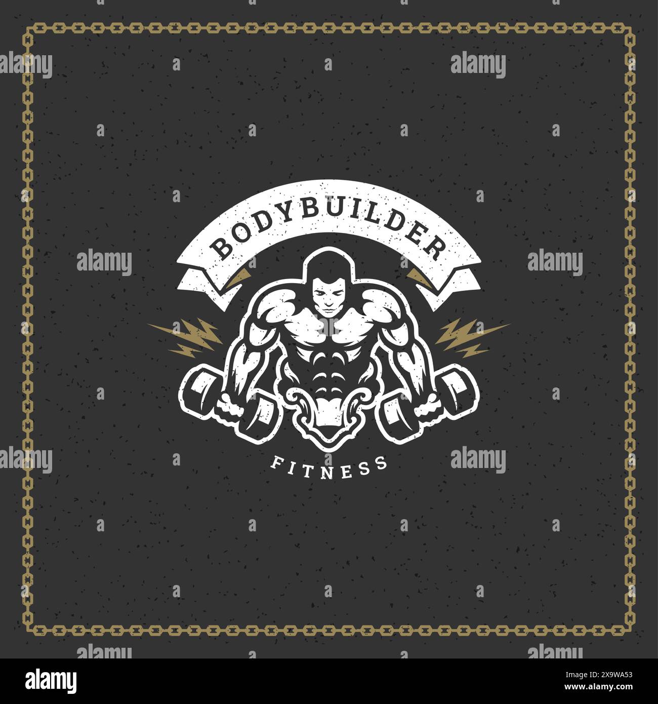 Fitness gym badge or emblem vector illustration. Man bodybuilder lifting dumbbells silhouette ...