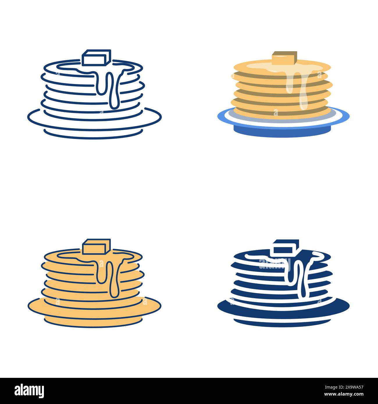 Stack of pancakes icon set in flat and line style. Blini or crepes with ...