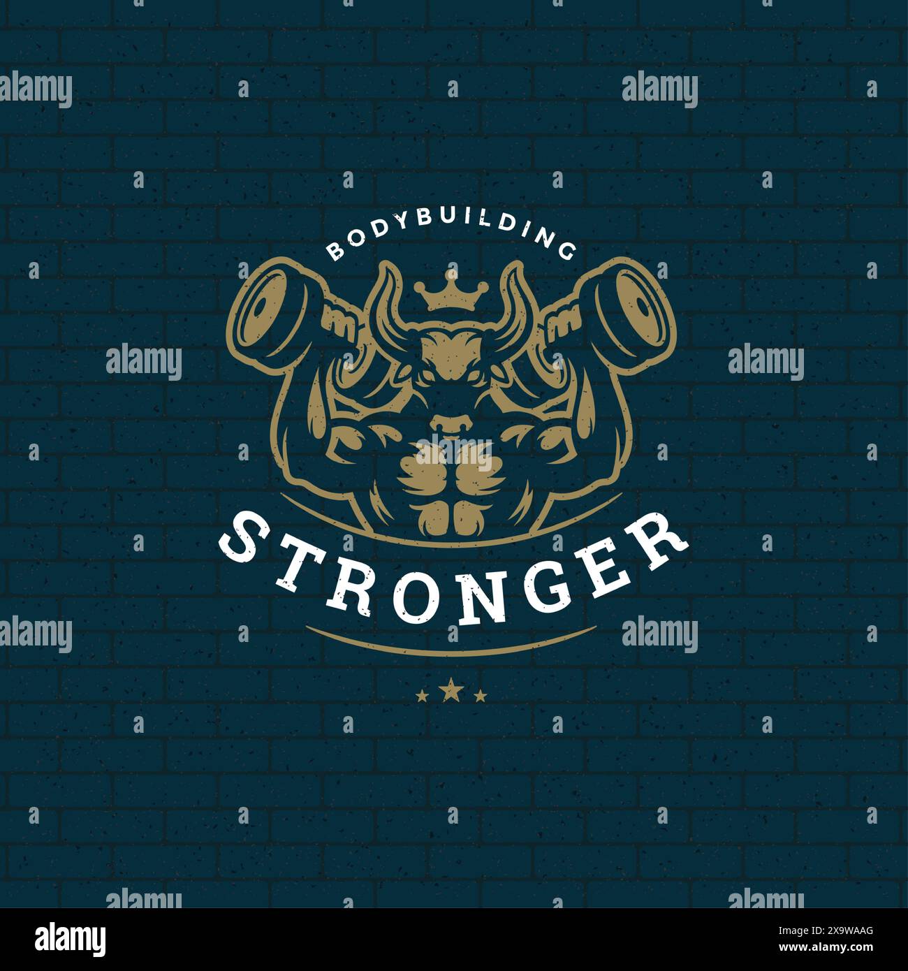 Bodybuilder man as bull logo or badge vector illustration, male lifting dumbbells symbol ...