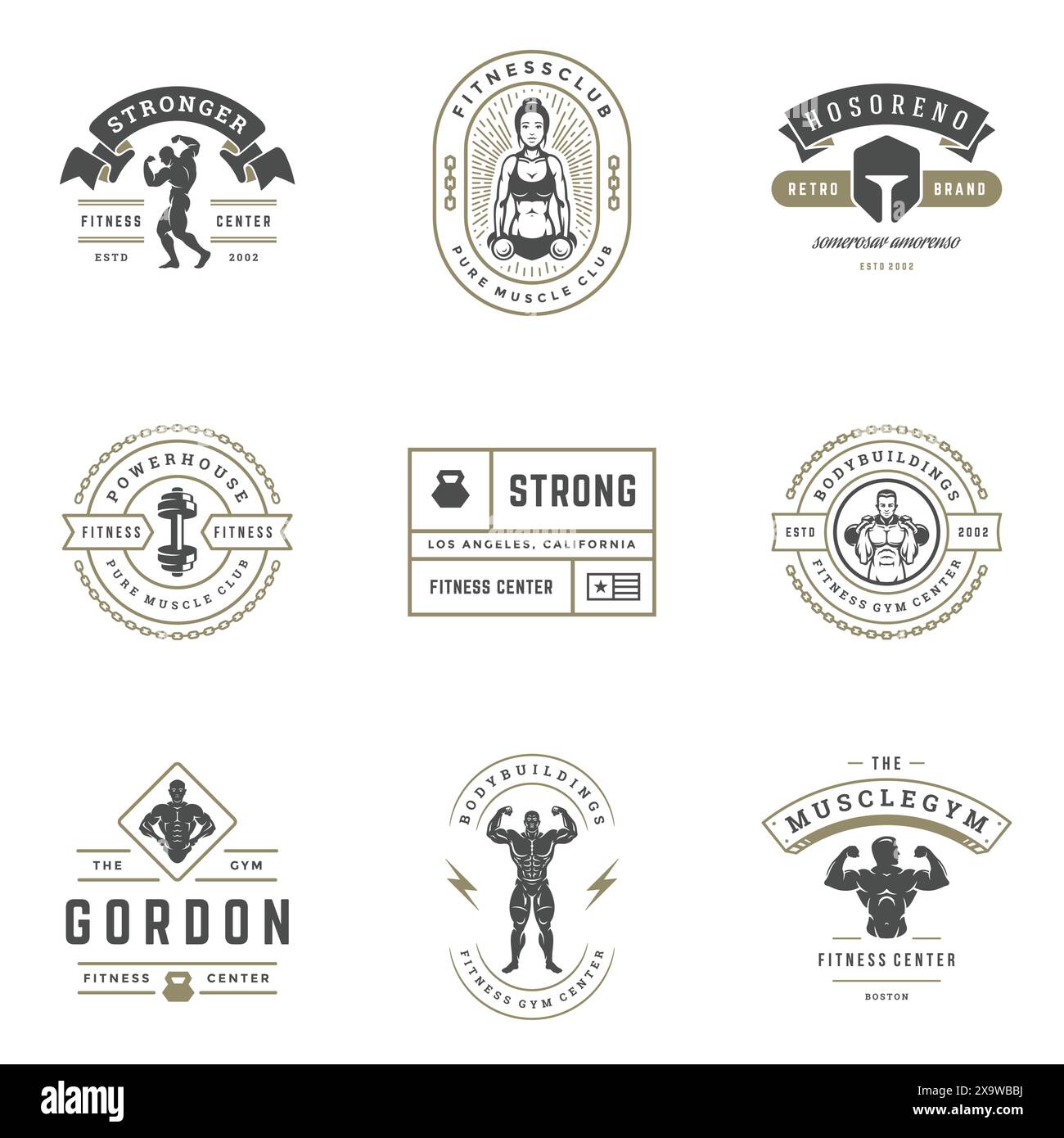 Retro fitness badges gym emblem hi-res stock photography and images - Alamy