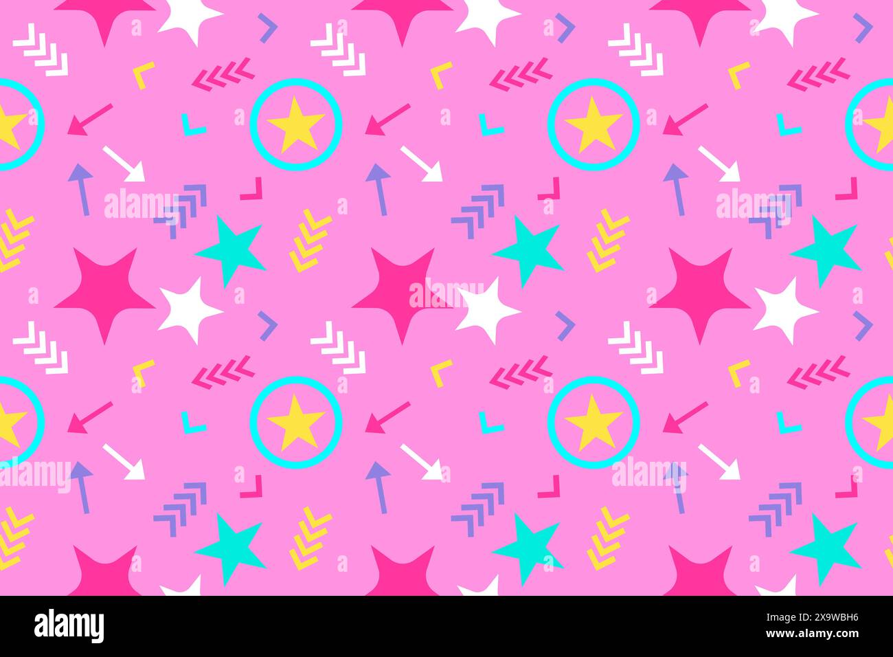 Colorful Memphis style seamless pattern featuring stars and arrows on a ...