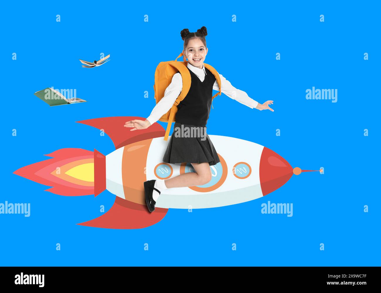 Rocket carrying schoolgirl to kingdom of knowledge. Girl flying against ...