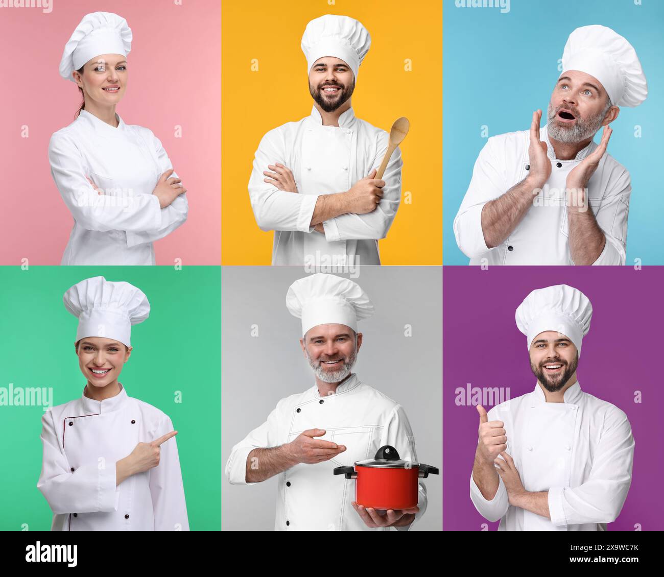Collage with photos of professional chefs on different color ...