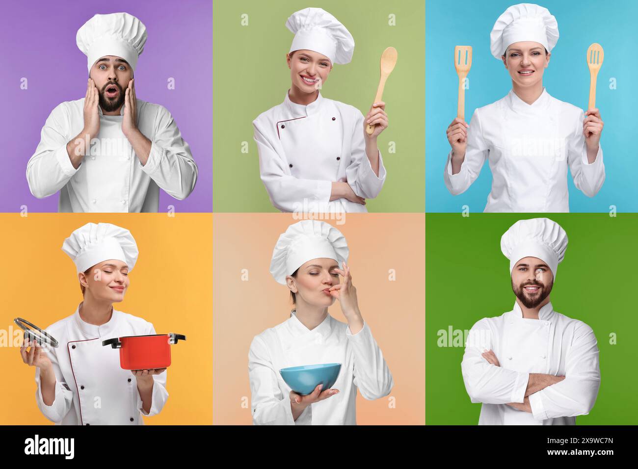 Collage with photos of professional chefs on different color ...