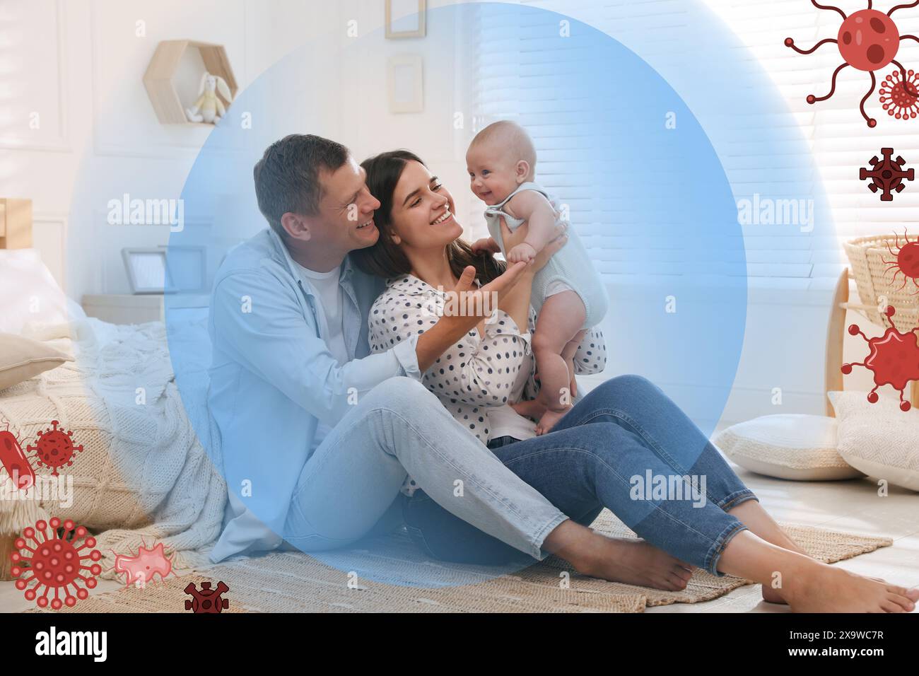 Happy family with strong immunity at home. Bubble around them blocking ...