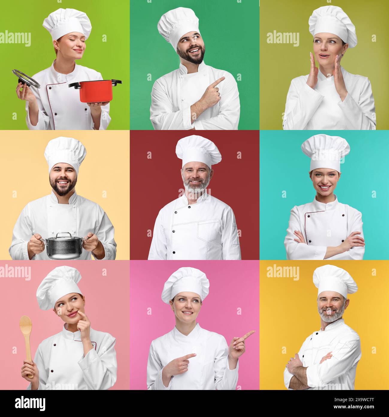 Collage with photos of professional chefs on different color ...