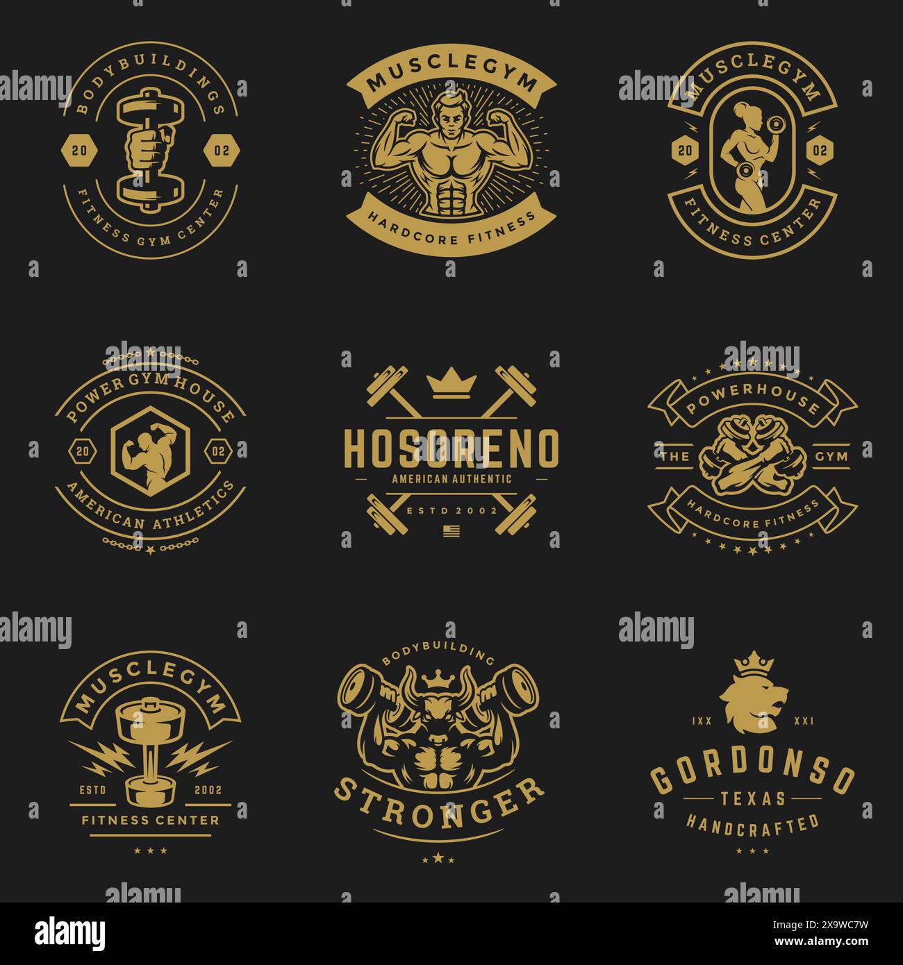 Fitness and sport gym logos and badges design set vector illustration ...
