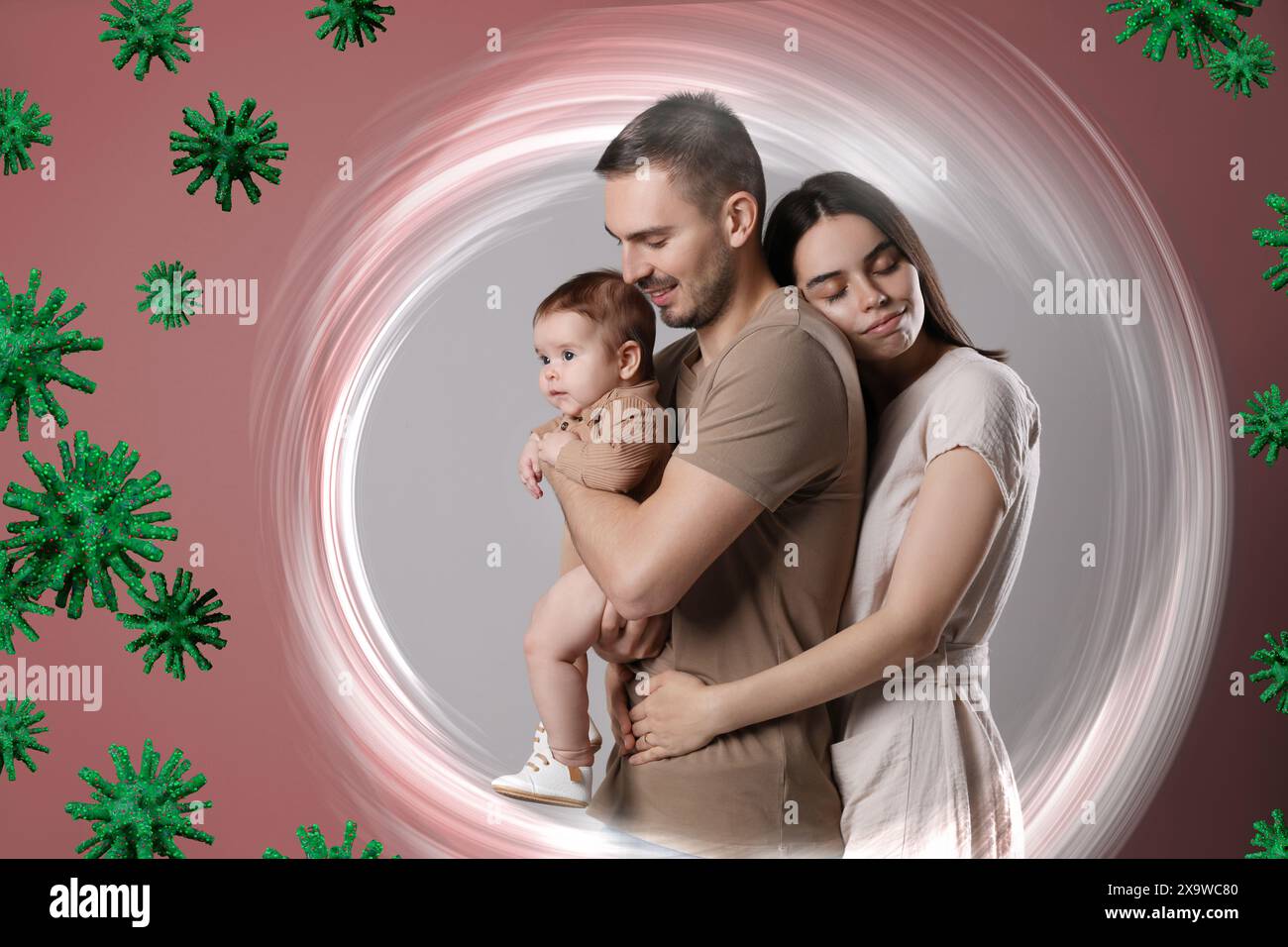 Happy family with strong immunity on color background. Bubble around ...